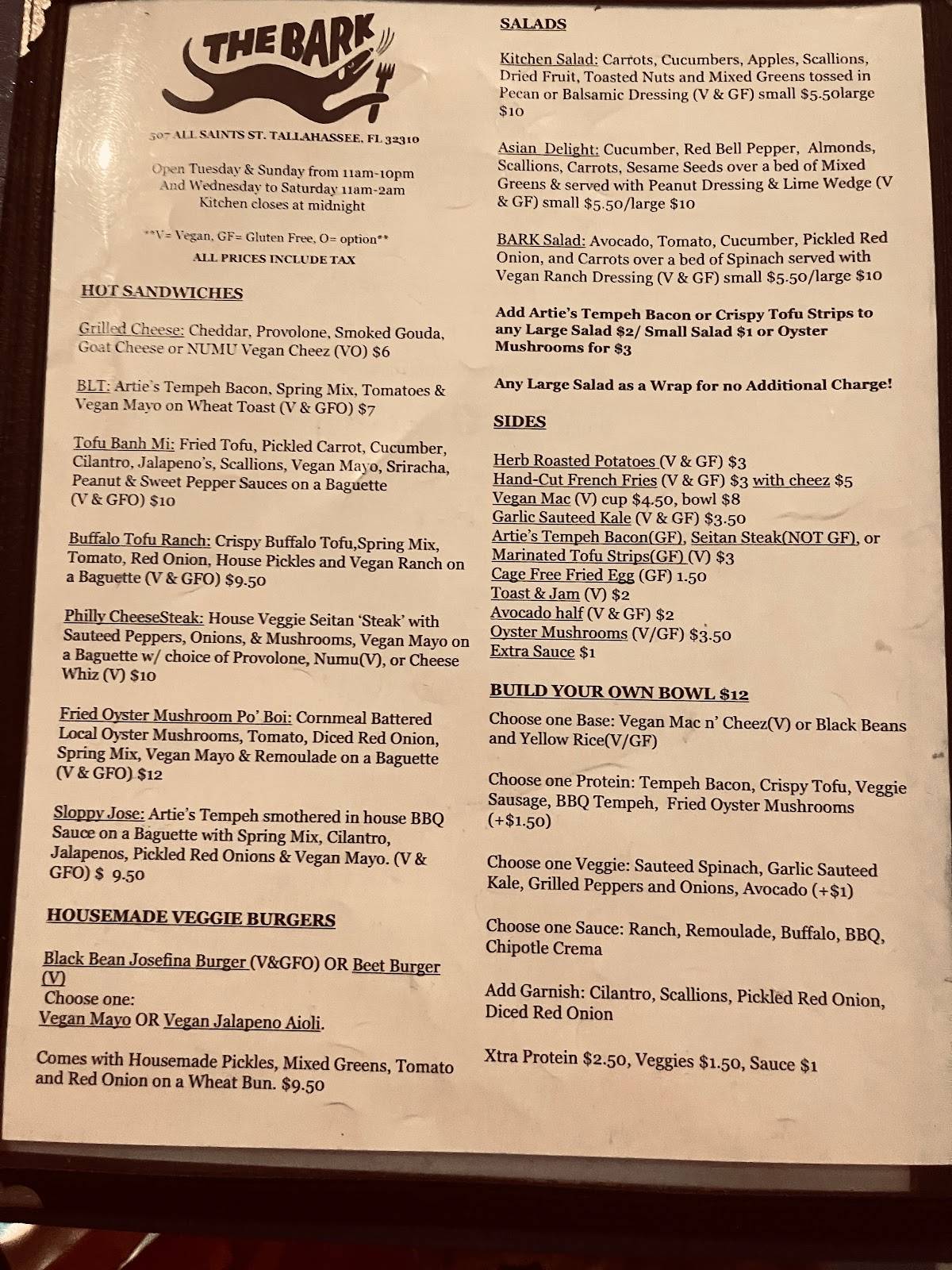 Menu at The Bark, Tallahassee