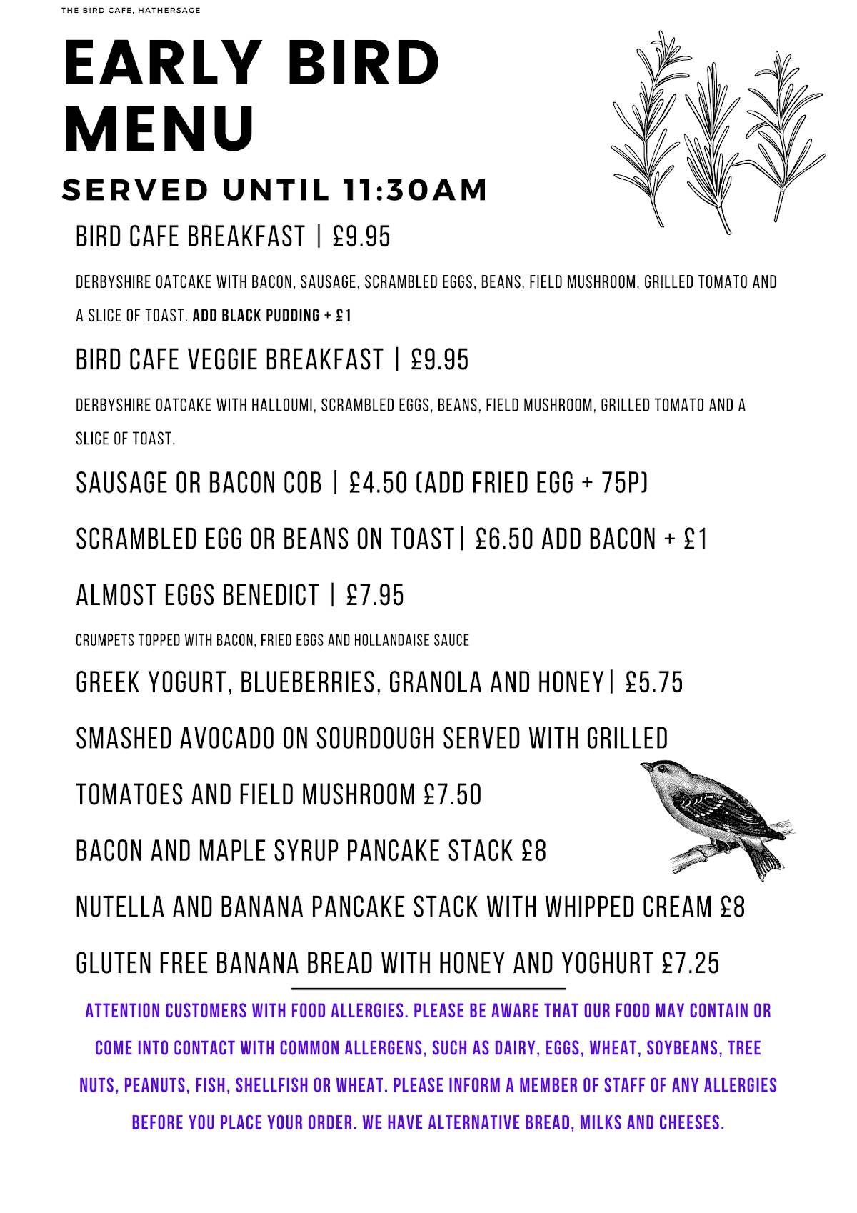 Menu at The Bird Cafe, Hathersage, The Bird Cafe