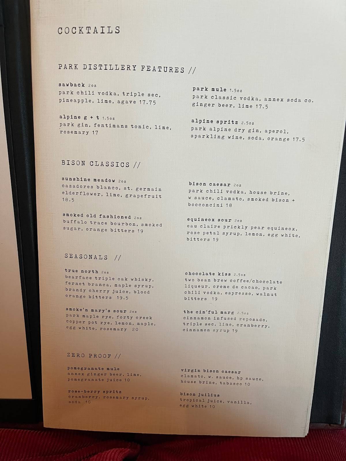 Menu at The Bison Restaurant, Banff