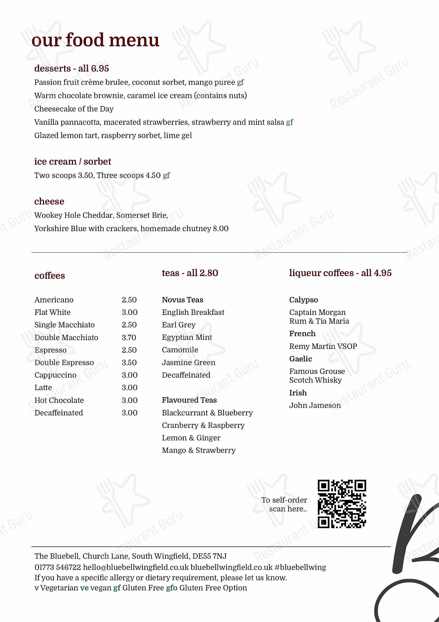 Menu at The Bluebell restaurant, South Wingfield
