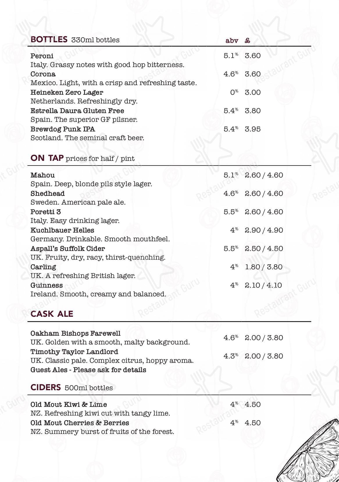 Menu at The Bluebell restaurant, South Wingfield