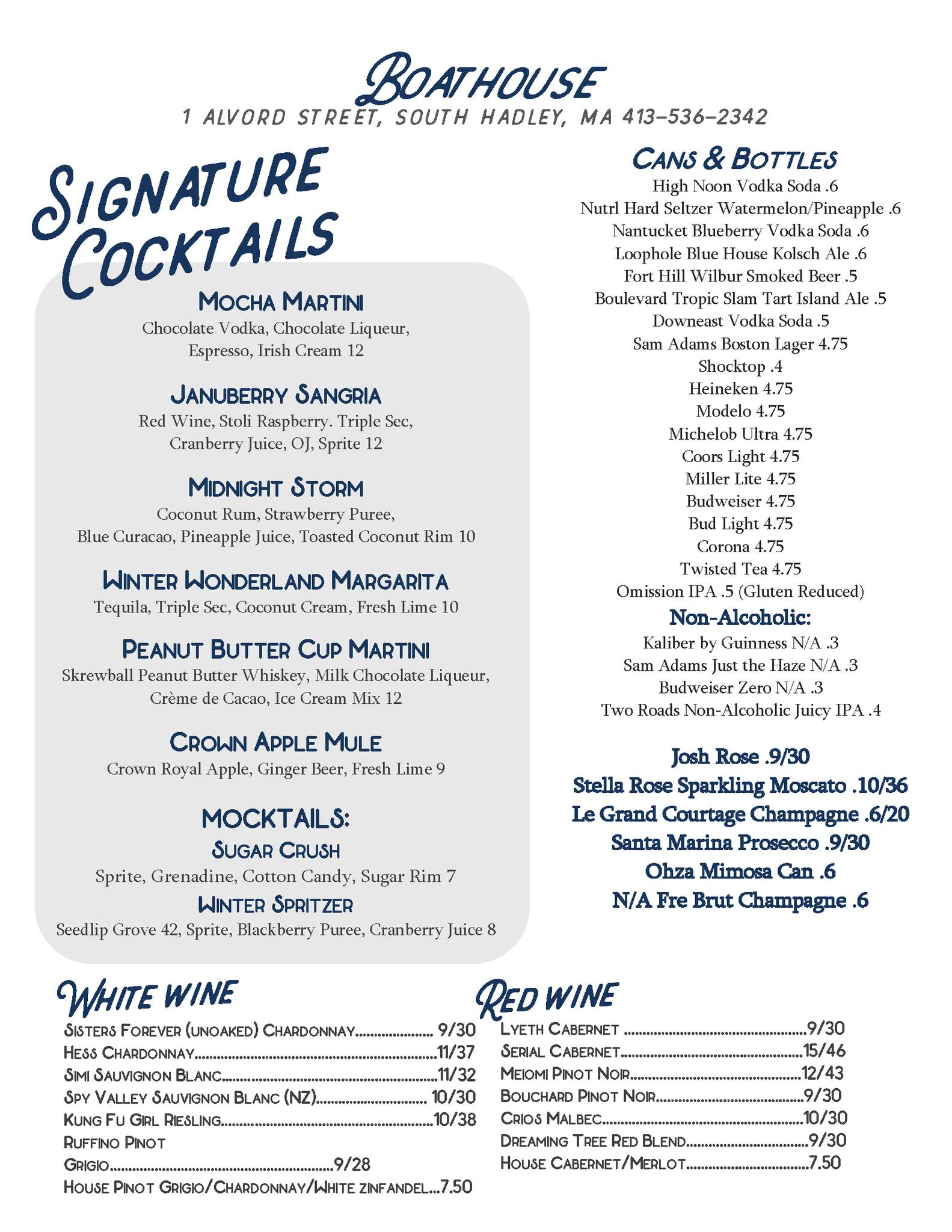 Menu at The Boathouse Restaurant, South Hadley