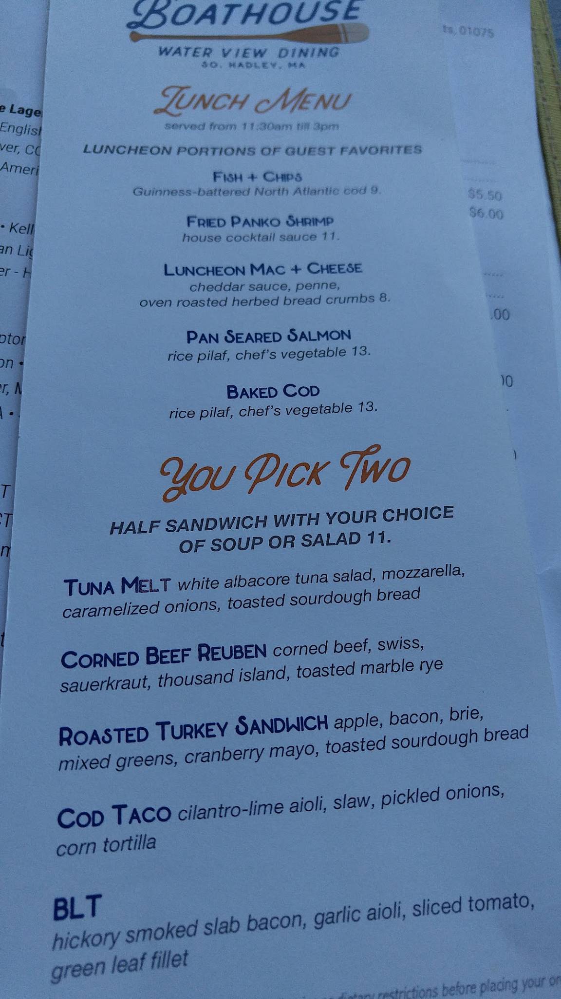 Menu at The Boathouse Restaurant, South Hadley