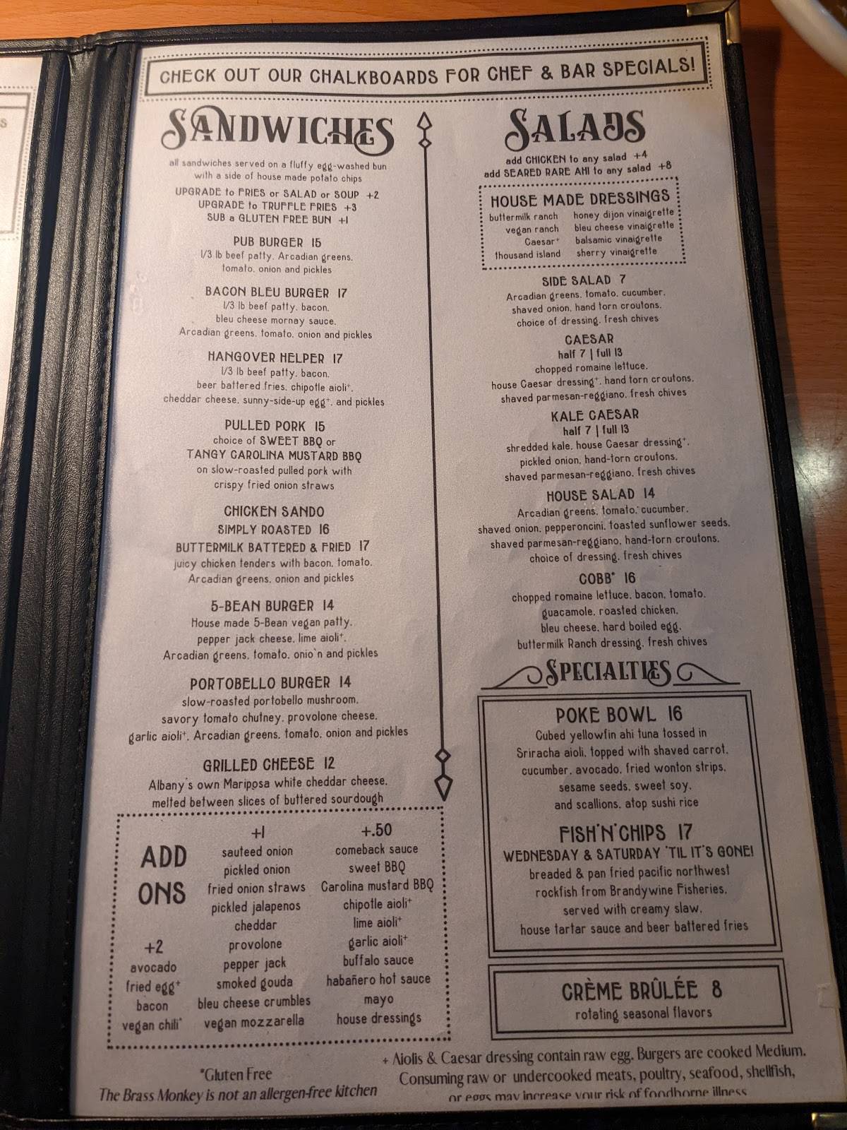 Menu at The Brass Monkey pub & bar, Corvallis