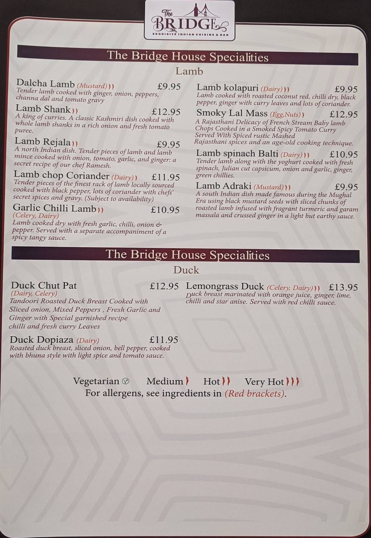 Menu at The Bridge restaurant, Sherston