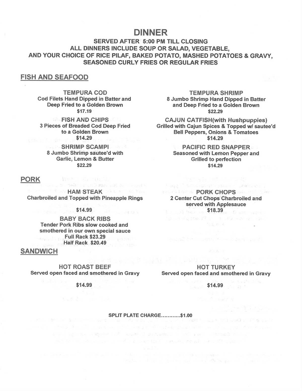 Menu at The Cedar Glen Inn restaurant, Lake Arrowhead