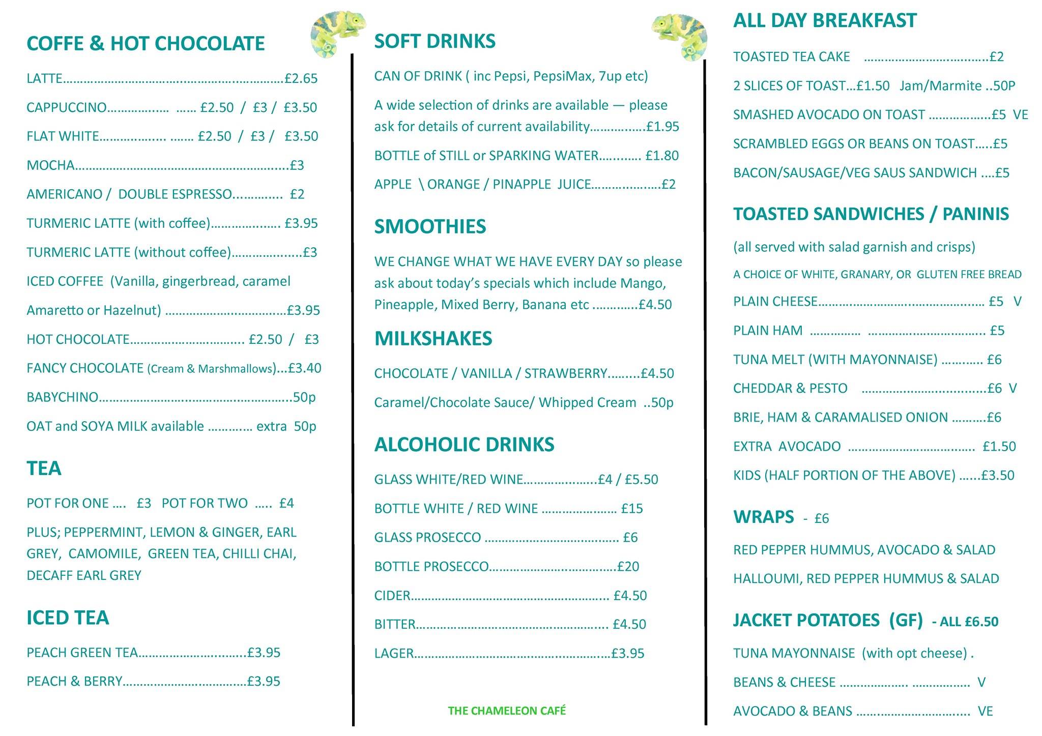 Menu at The Chameleon Cafe, Great Dunmow