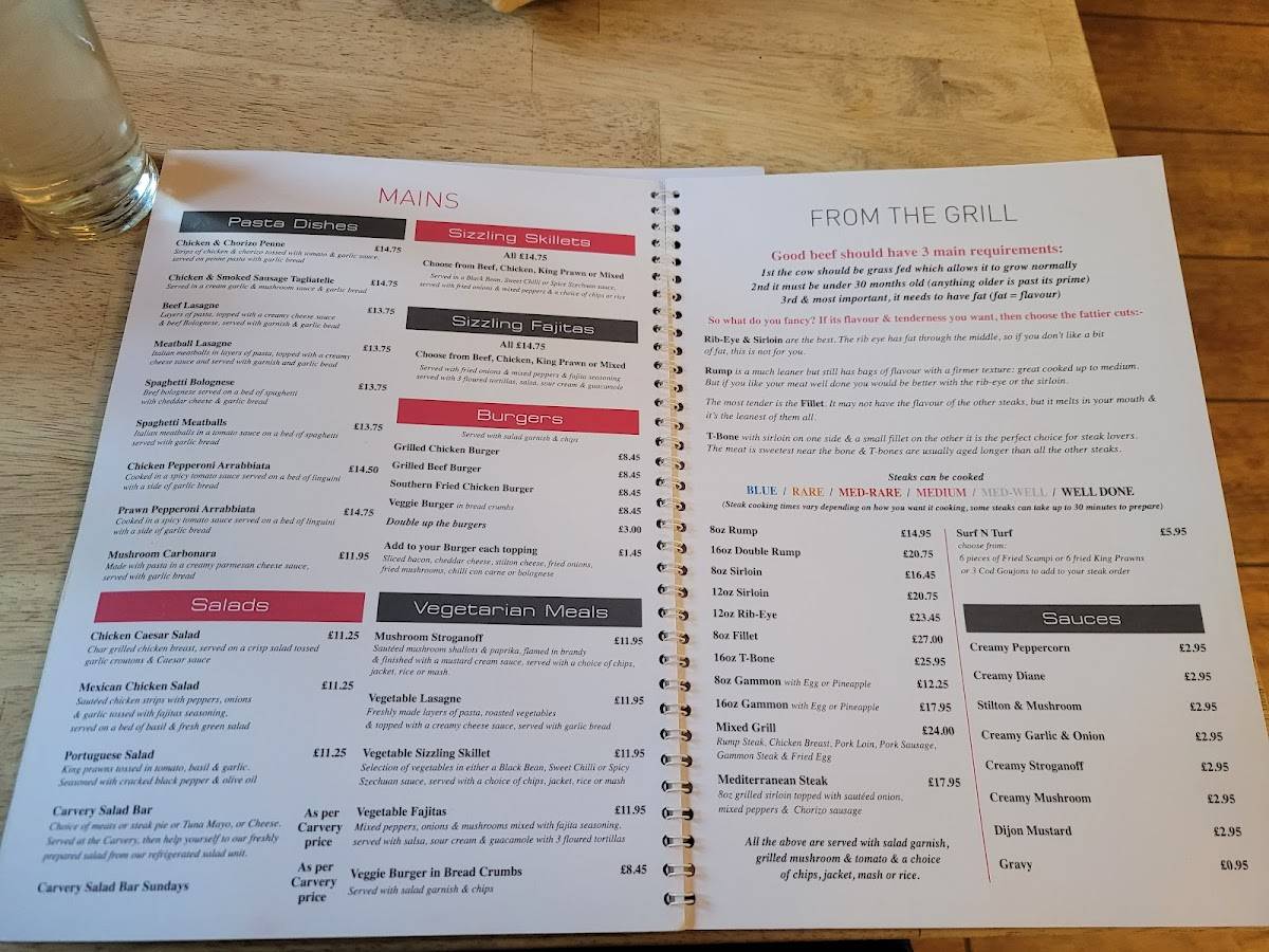 Menu at The Cobbler restaurant, Pontefract