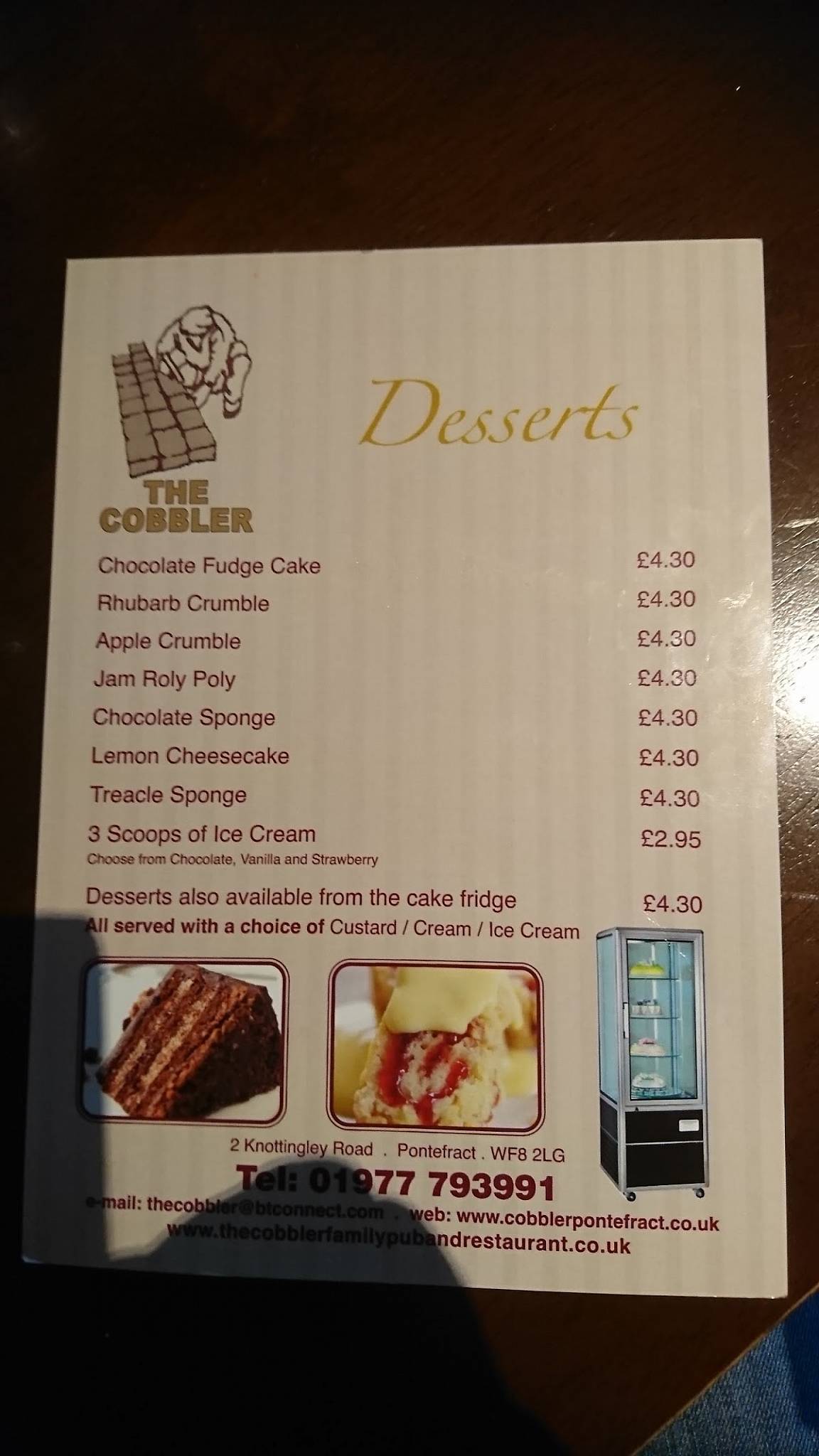 Menu at The Cobbler restaurant, Pontefract