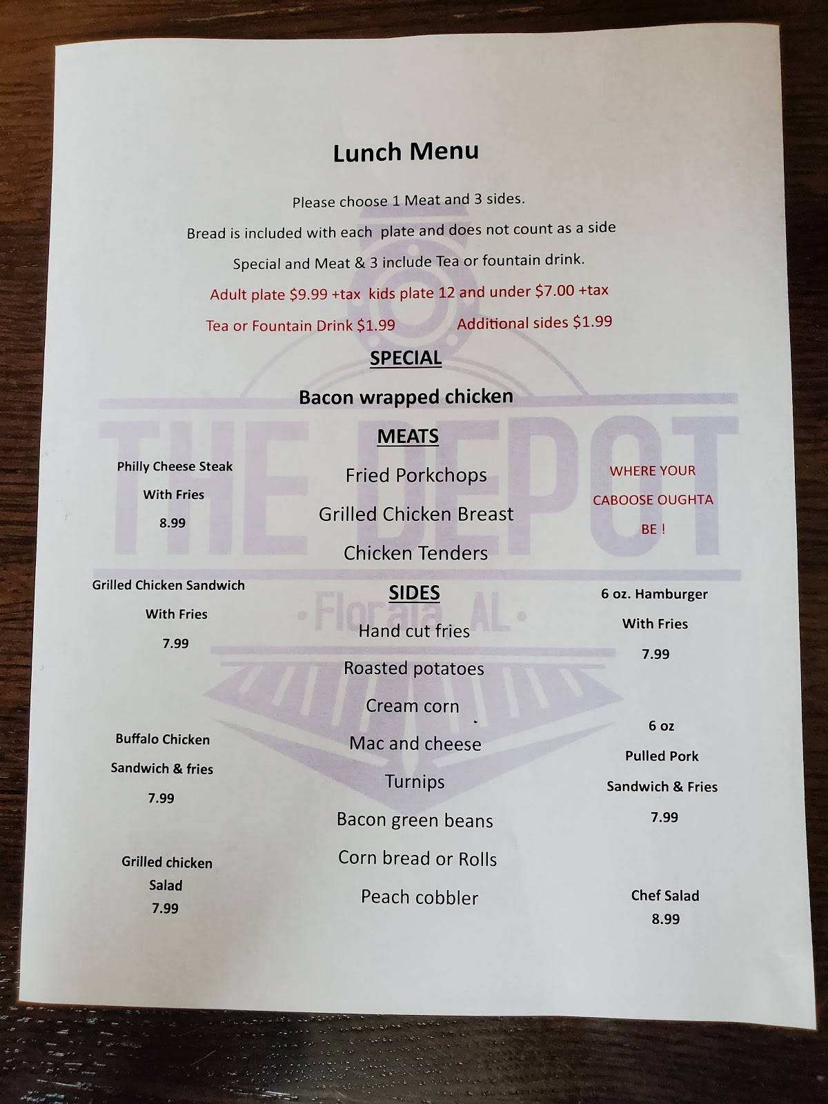 Menu at The Depot Restaurant Catering and Venue, Florala