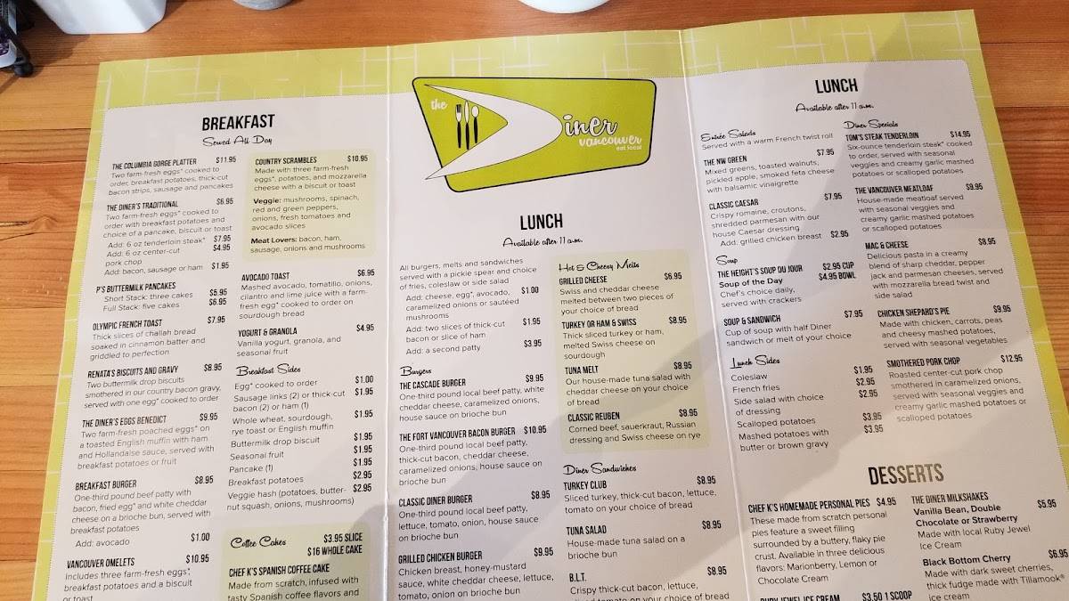 Menu at The Diner Vancouver restaurant, Vancouver