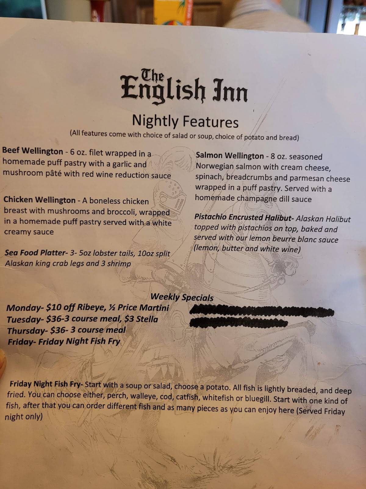 Menu at The English Inn pub & bar, Green Bay