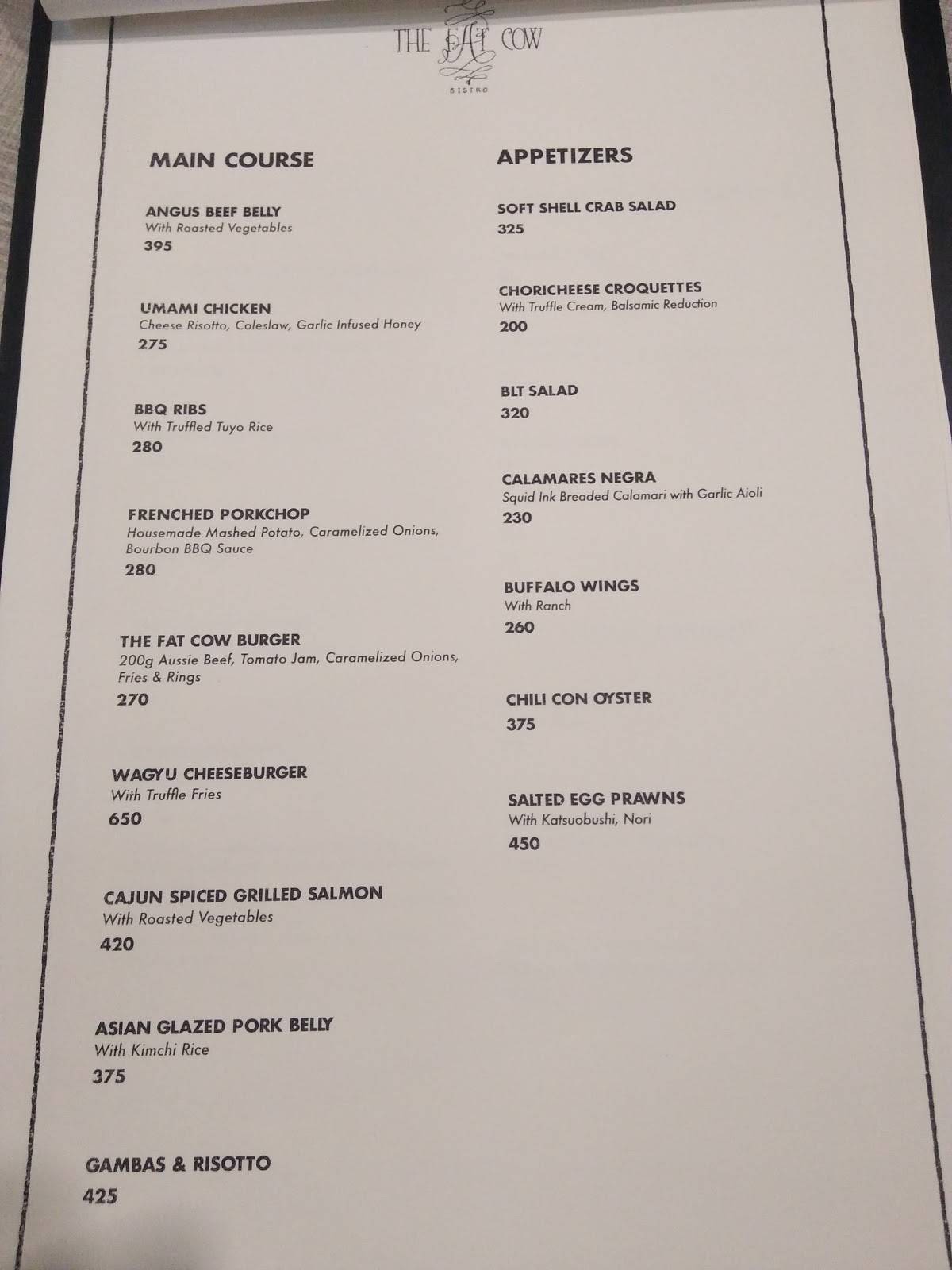 Menu at The Fat Cow restaurant, Davao City