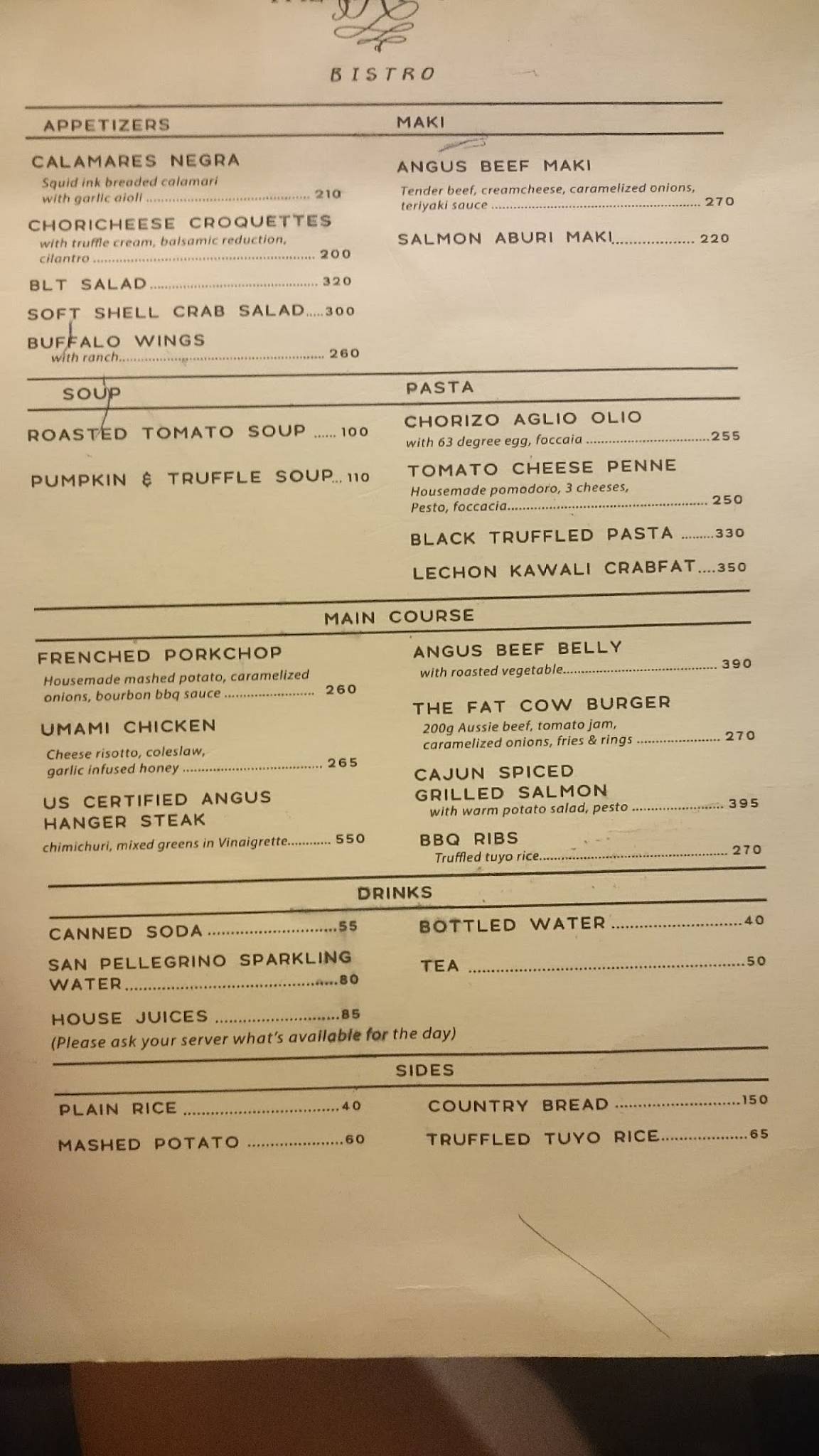 Menu at The Fat Cow restaurant, Davao City