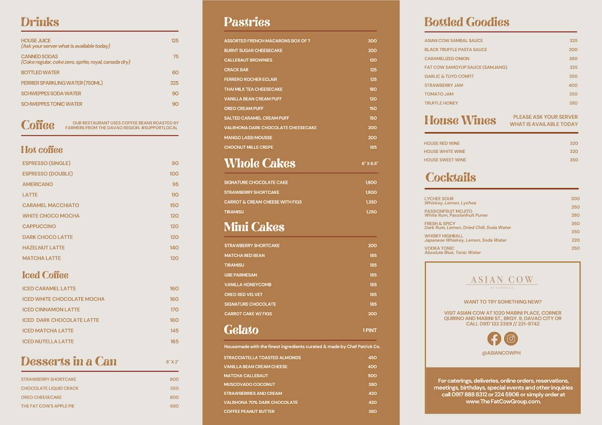 Menu at The Fat Cow restaurant, Davao City