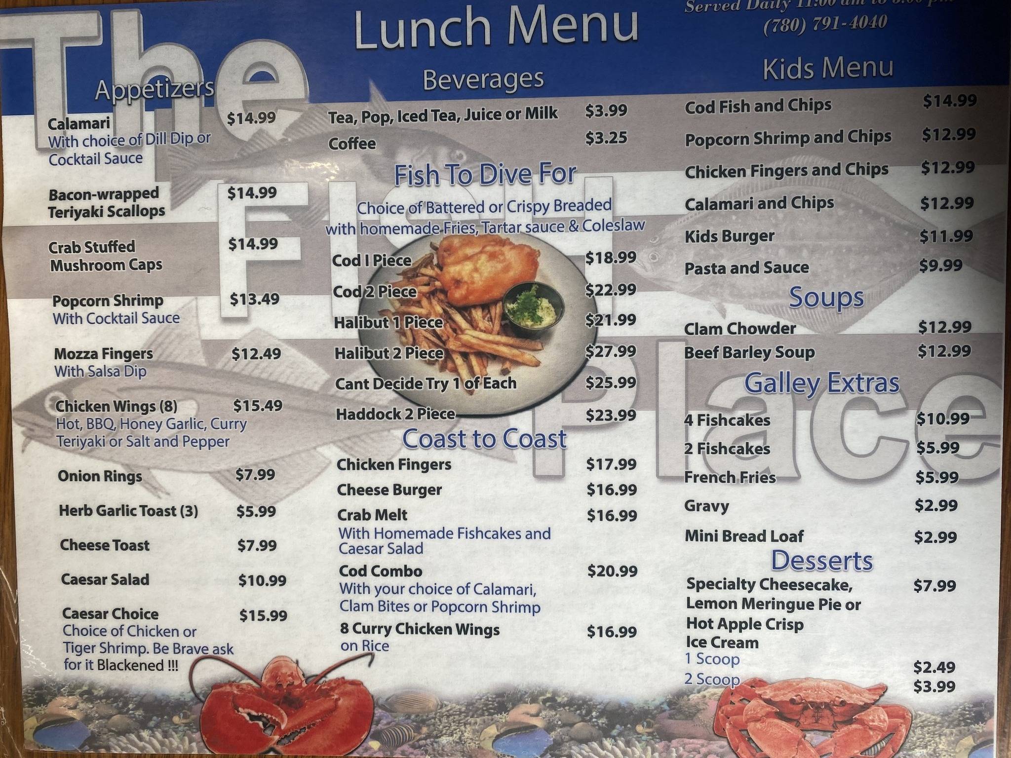 Menu at The Fish Place restaurant, Fort McMurray