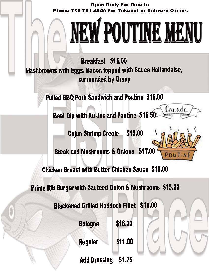 Menu at The Fish Place restaurant, Fort McMurray