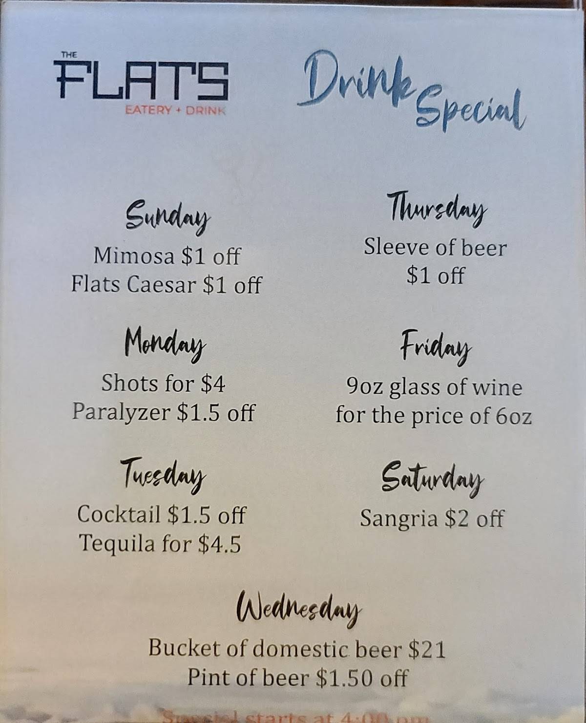 Menu at The Flats Eatery + Drink restaurant, Regina