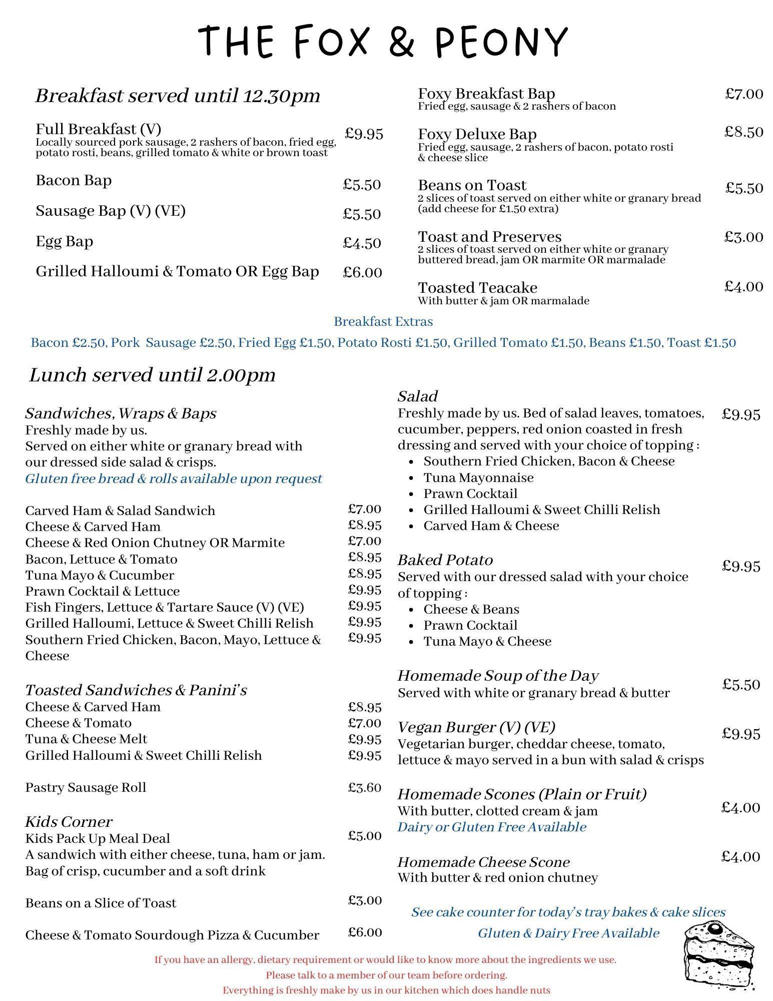 Menu at The Fox & Peony cafe, Kettering, Glendon Lodge Farm