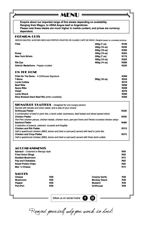 Menu at The Grillhouse Melrose Arch steakhouse, Johannesburg, Melrose Arch
