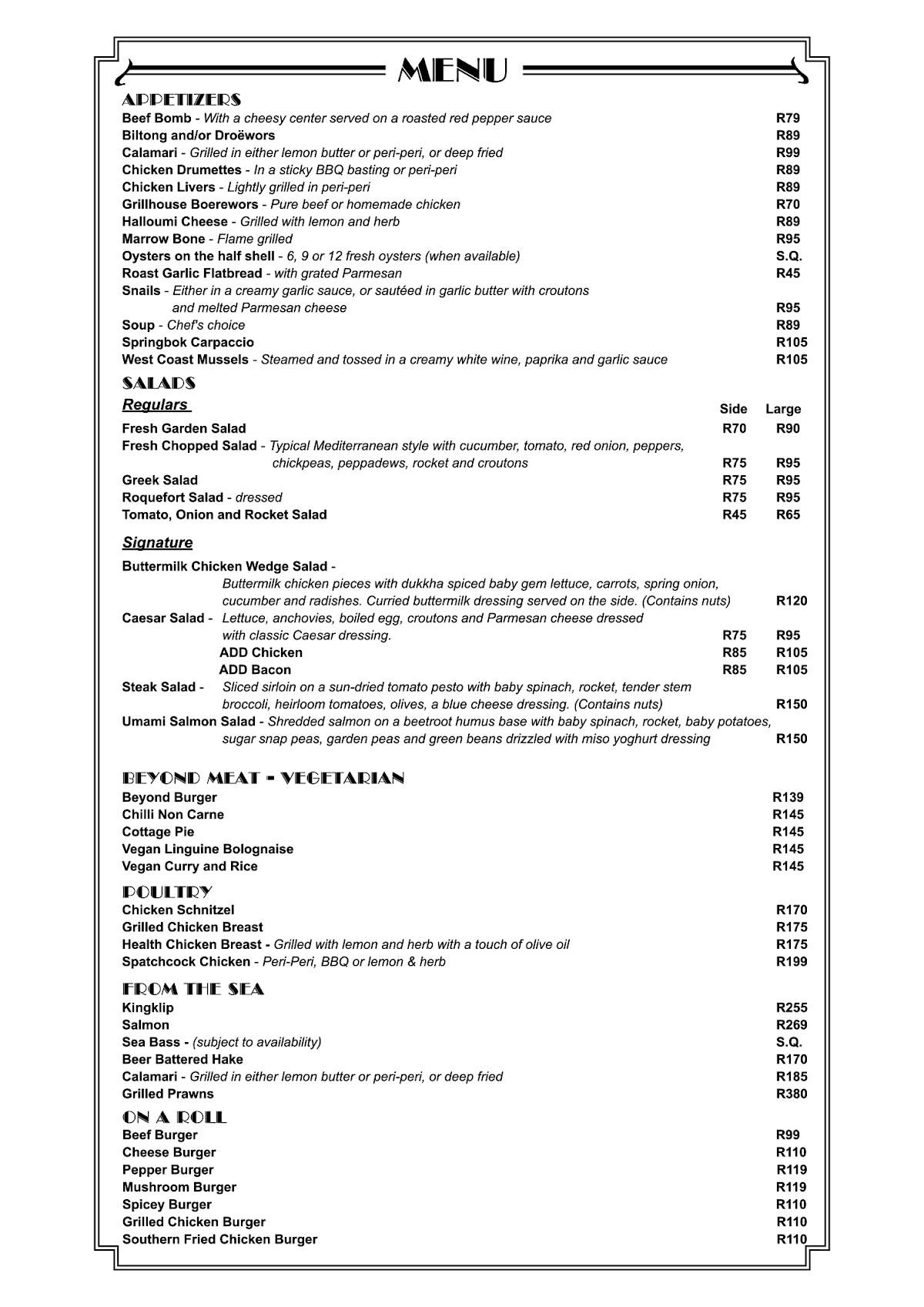 Menu at The Grillhouse Melrose Arch steakhouse, Johannesburg, Melrose Arch