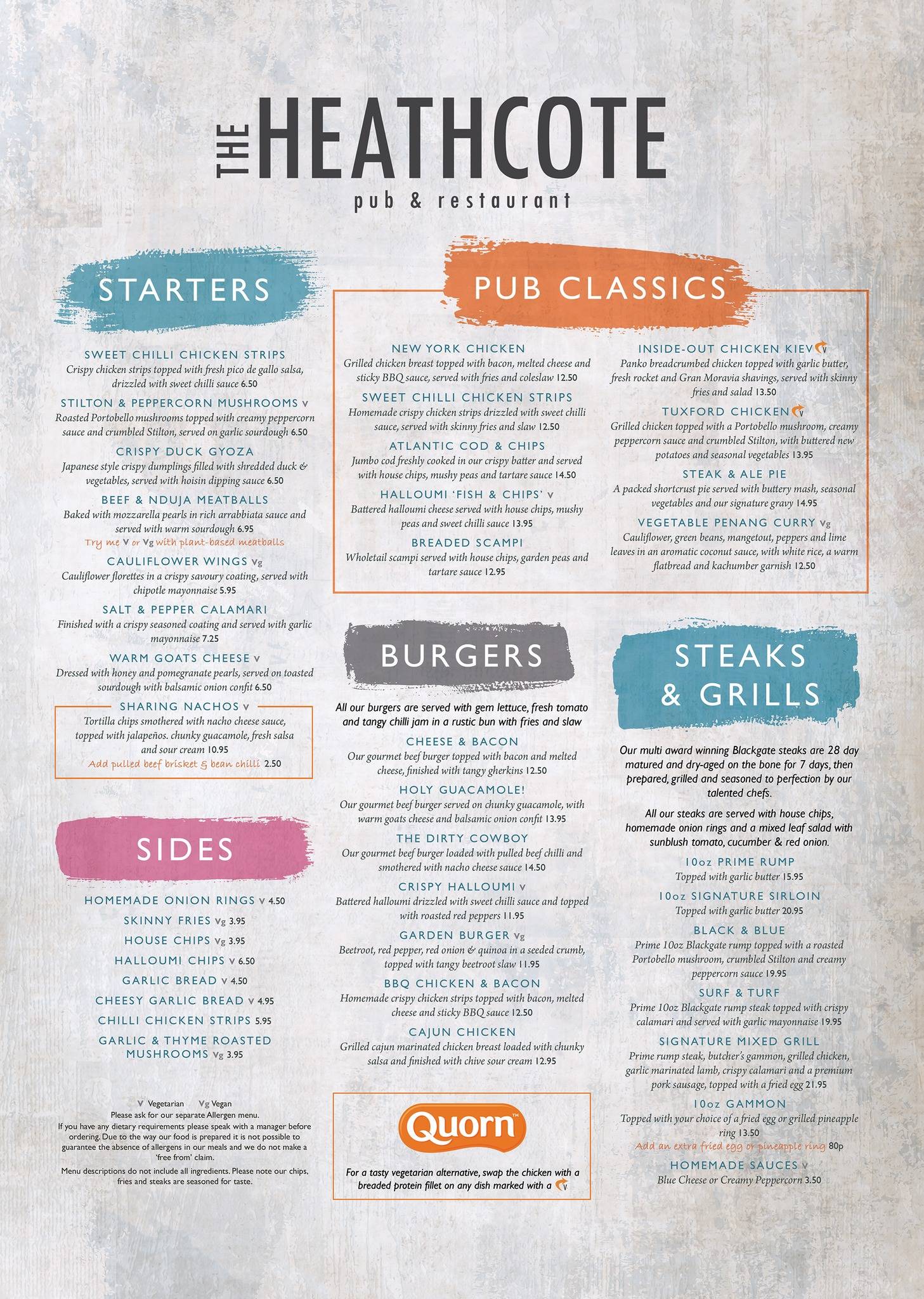 Menu at The Heathcote pub & bar, Royal Leamington Spa