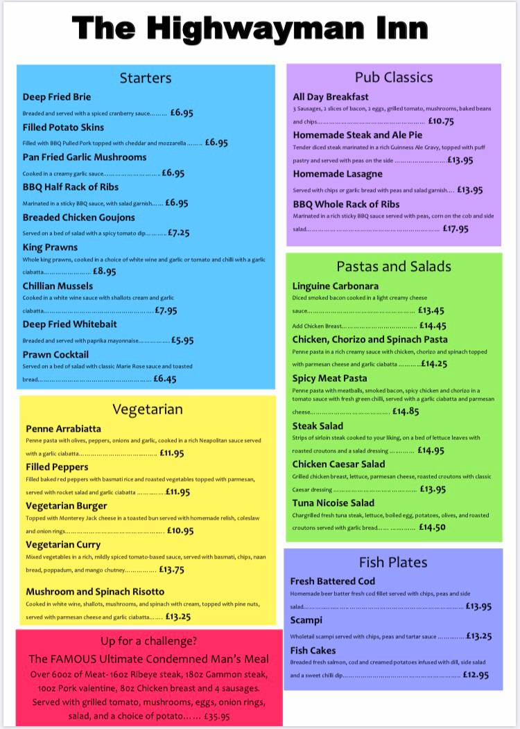 Menu at The Highwayman Inn pub & bar, Rhoose, Port Rd