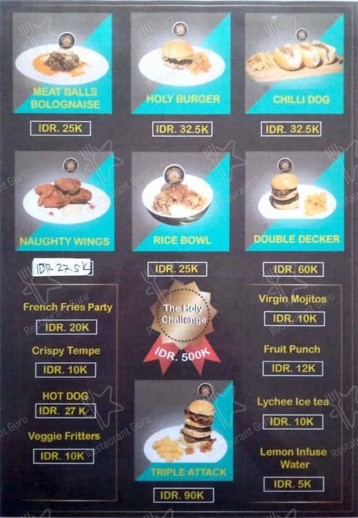 Menu at The Holy Burger restaurant, East Jakarta