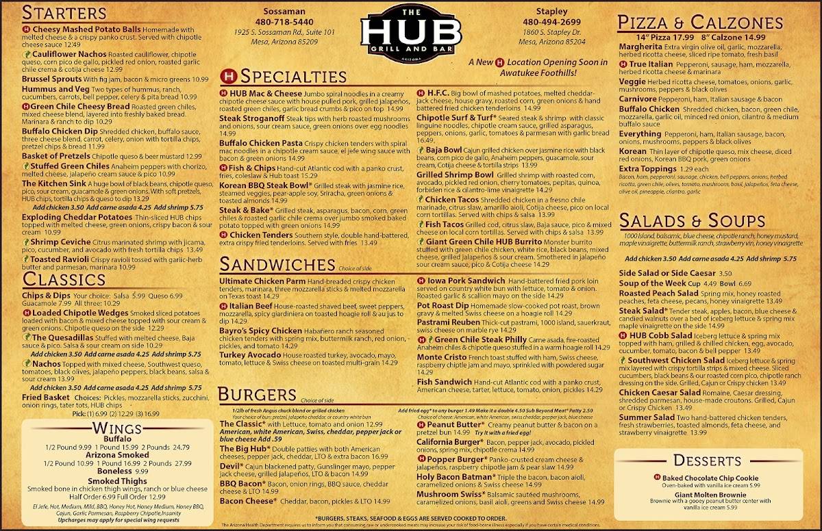Menu at The Hub Grill and Bar, Mesa, E McDowell Rd