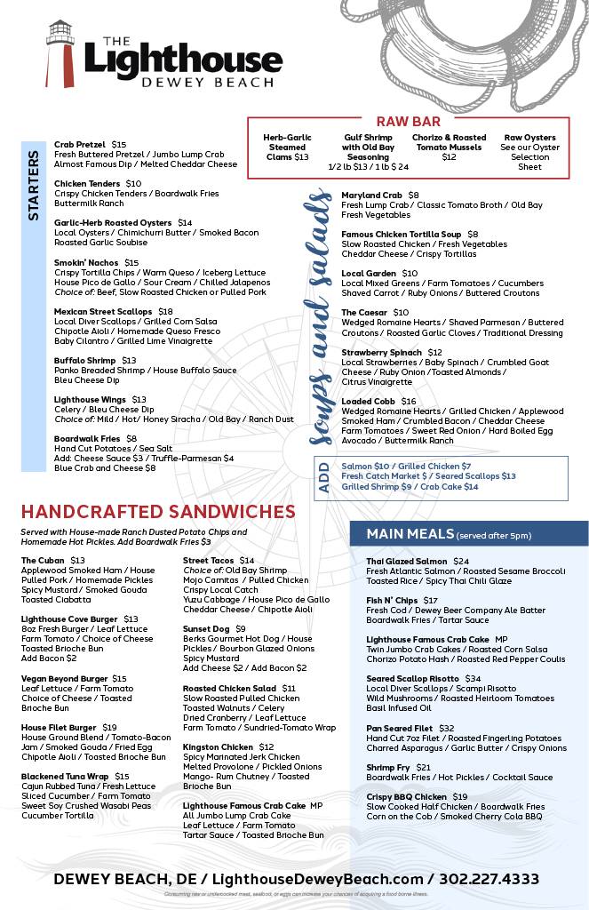 Menu at The Lighthouse Dewey Beach pub & bar, Dewey Beach