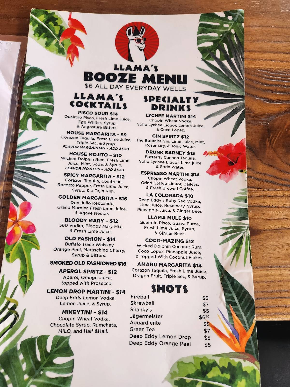 Menu at The Llama’s House restaurant, Estero