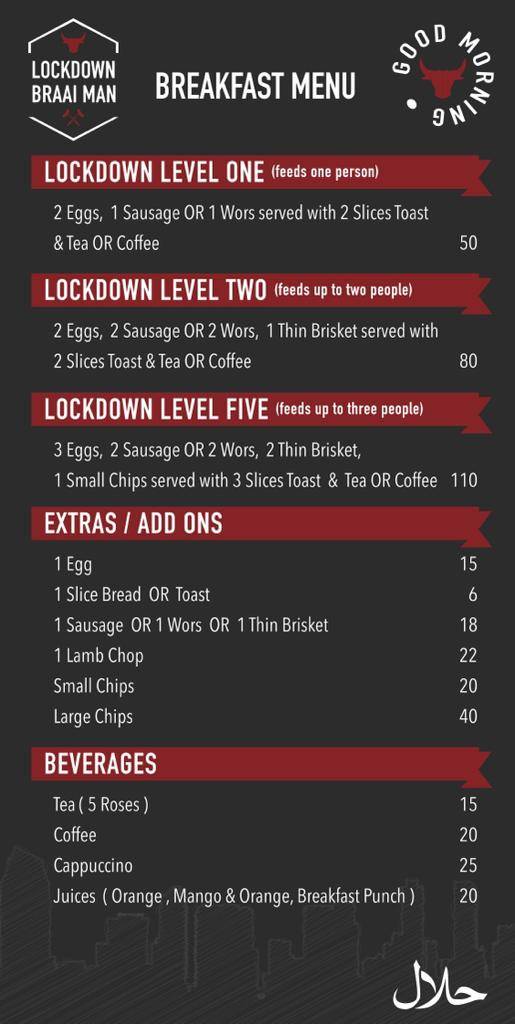 Menu at The Lockdown Braaiman restaurant, Durban