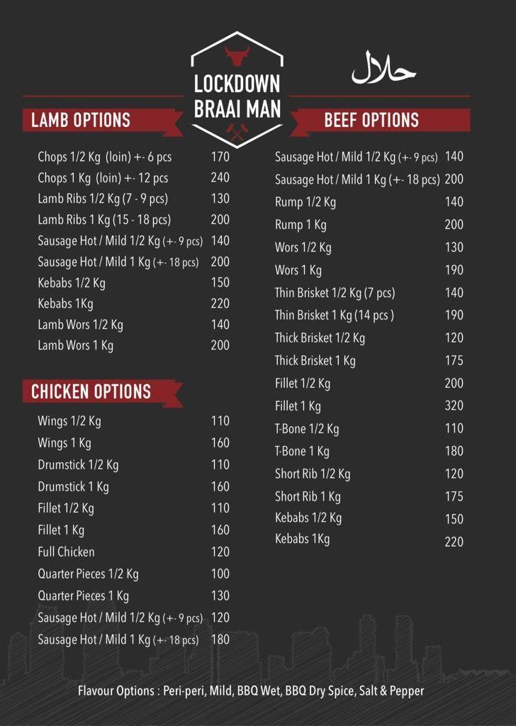 Menu at The Lockdown Braaiman restaurant, Durban