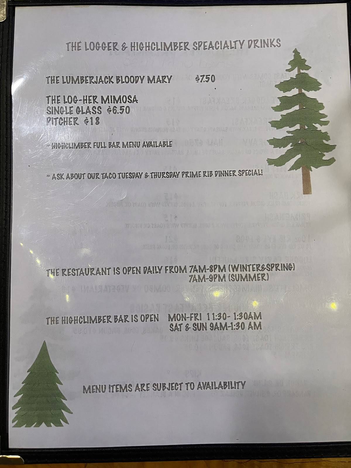 Menu at The Logger Restaurant, Knappa