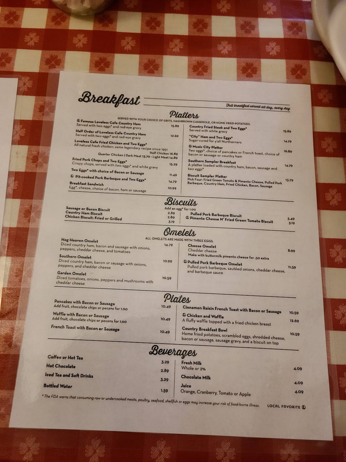 Menu at The Loveless Cafe, Nashville