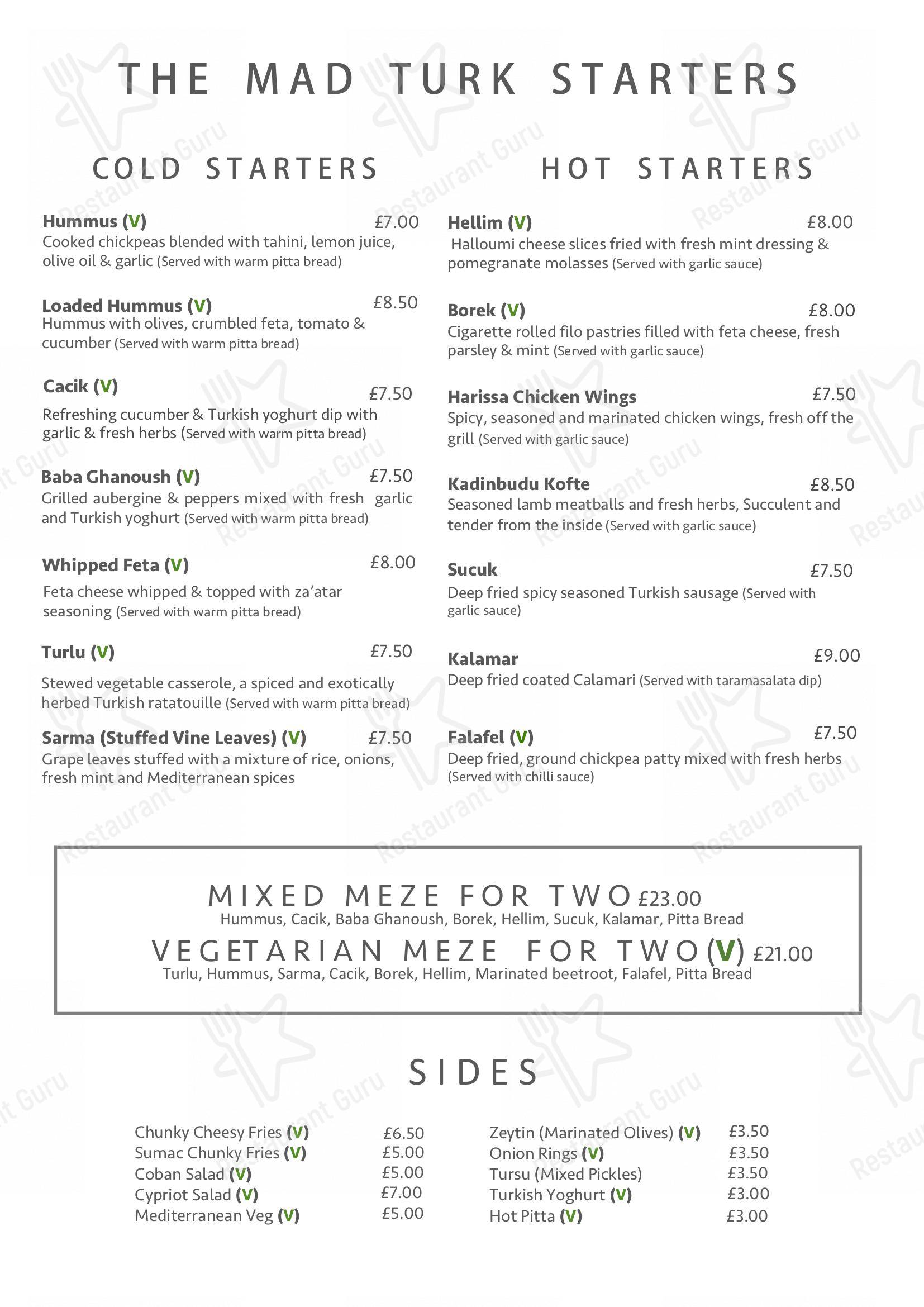 Menu at The Mad Turk restaurant, Stamford