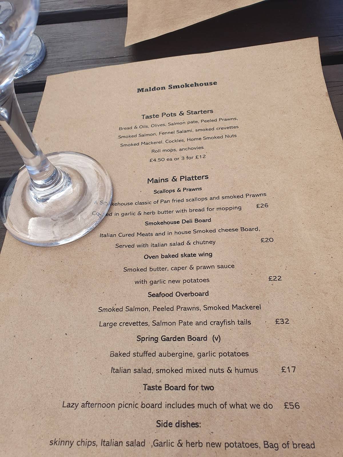 Menu at The Maldon Smokehouse restaurant, Maldon