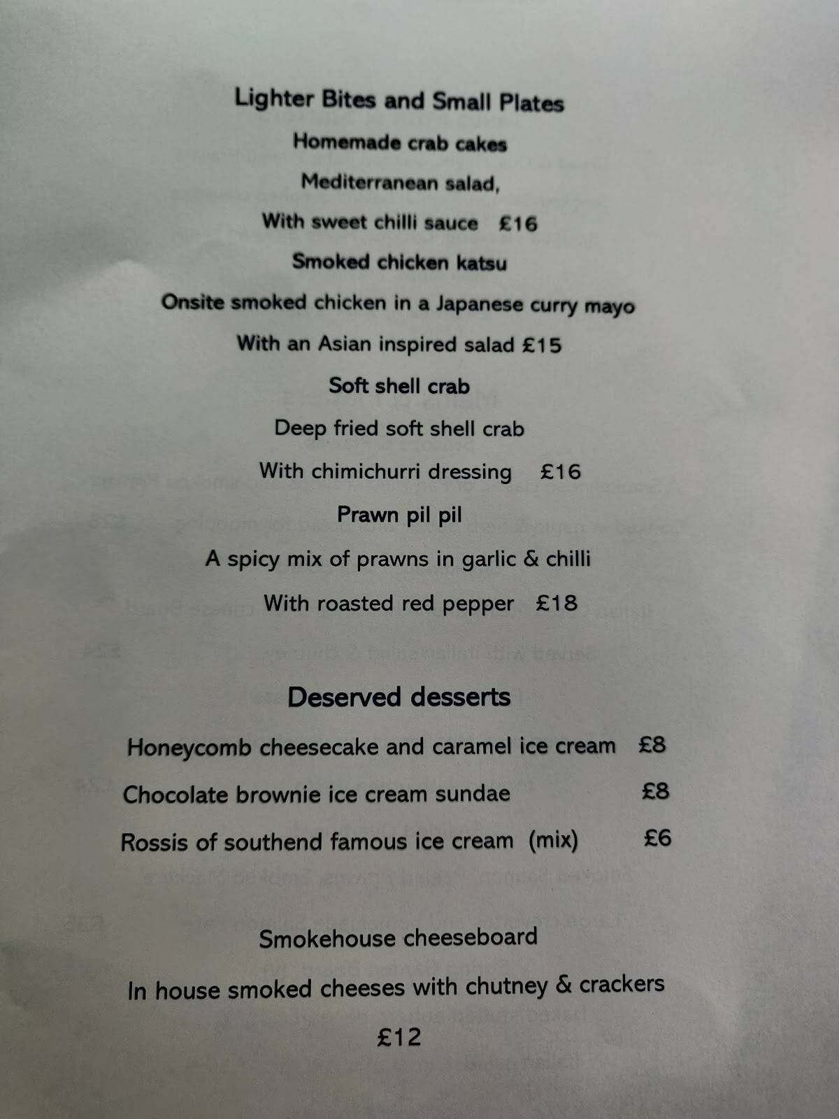 Menu at The Maldon Smokehouse restaurant, Maldon