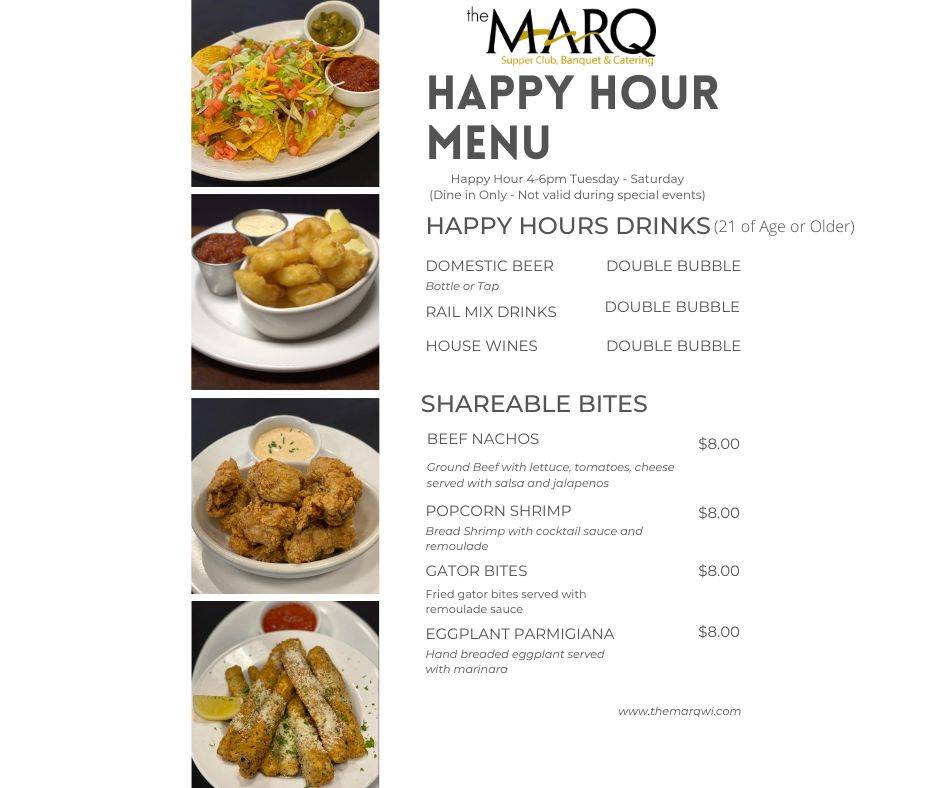 Menu at The Marq Supper Club, Banquet and Catering, De Pere