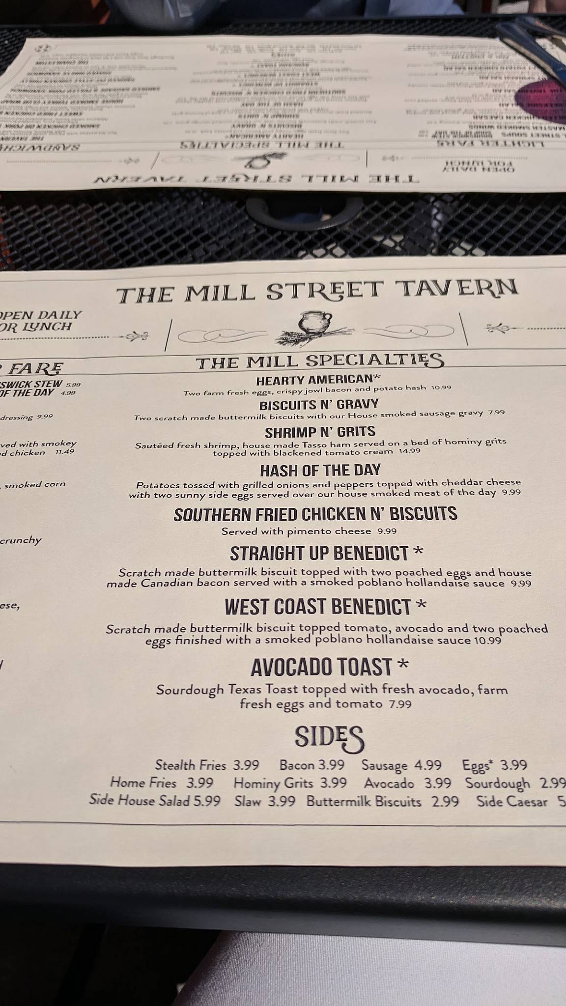 Menu at The Mill Street Tavern restaurant, Mount Pleasant