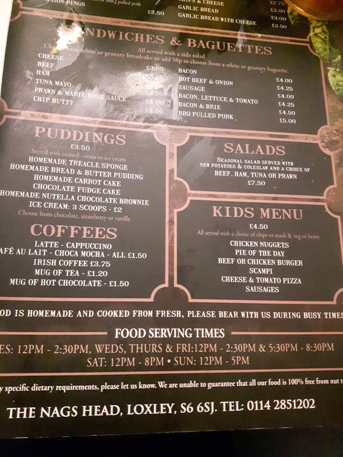 Menu at The Nags Head pub & bar, Sheffield, Loxley Rd