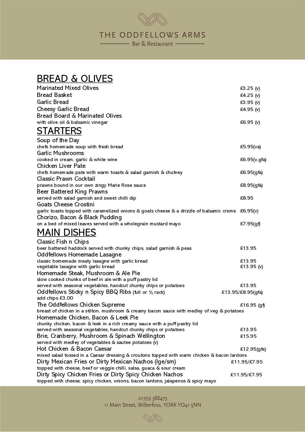 Menu at The Oddfellows Arms pub & bar, Wilberfoss