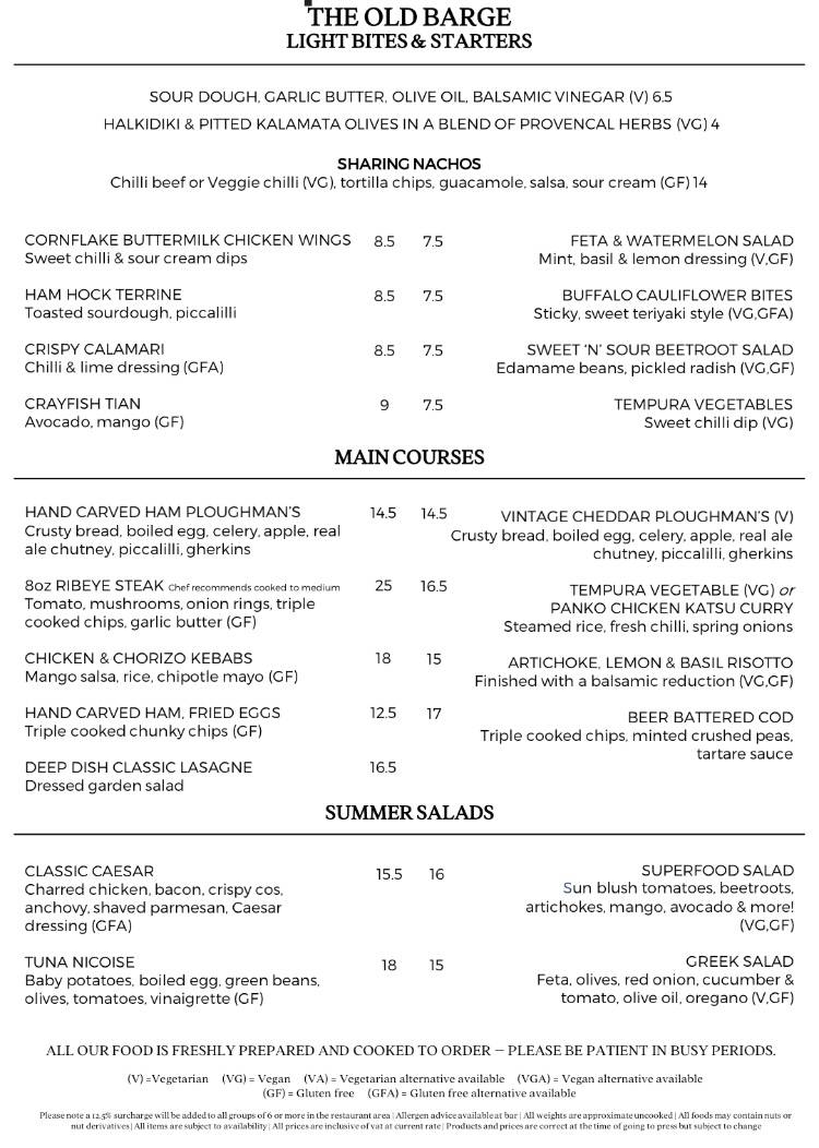 Menu at The Old Barge, Hertford