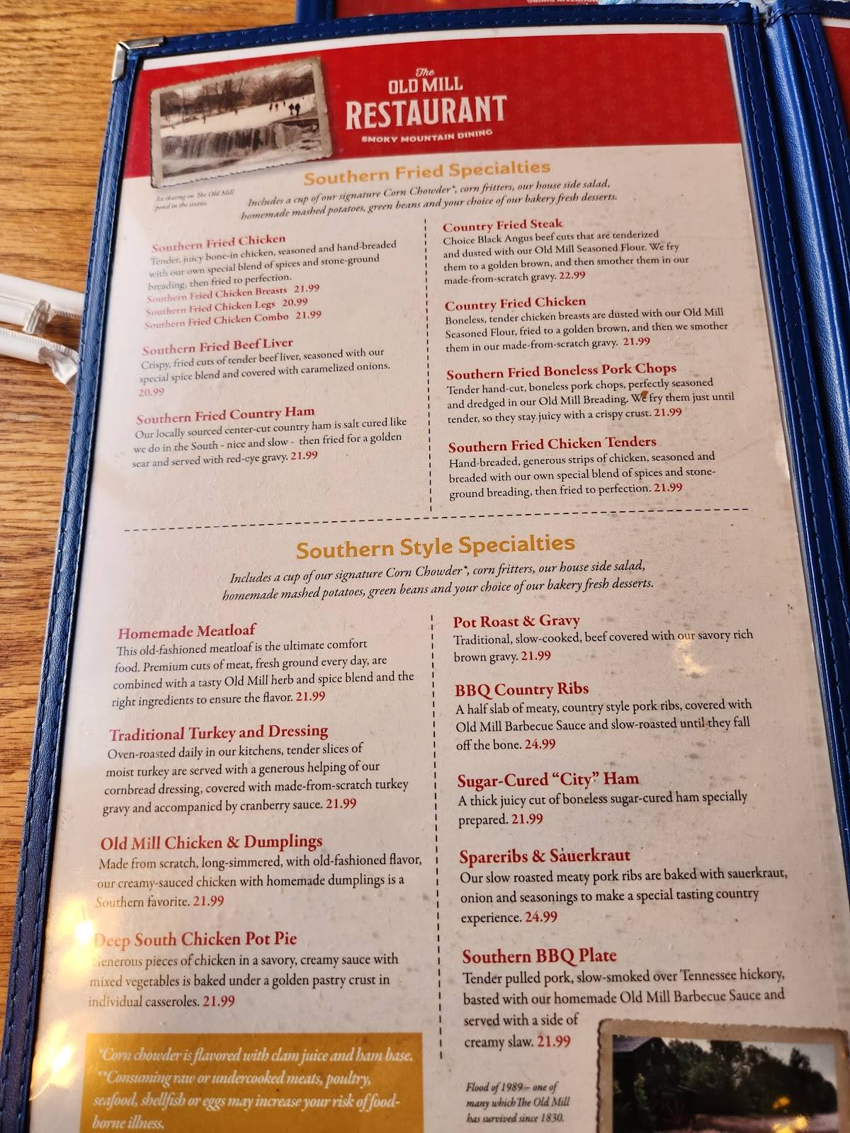 Menu at The Old Mill Restaurant, Pigeon Forge, 164 Old Mill Ave