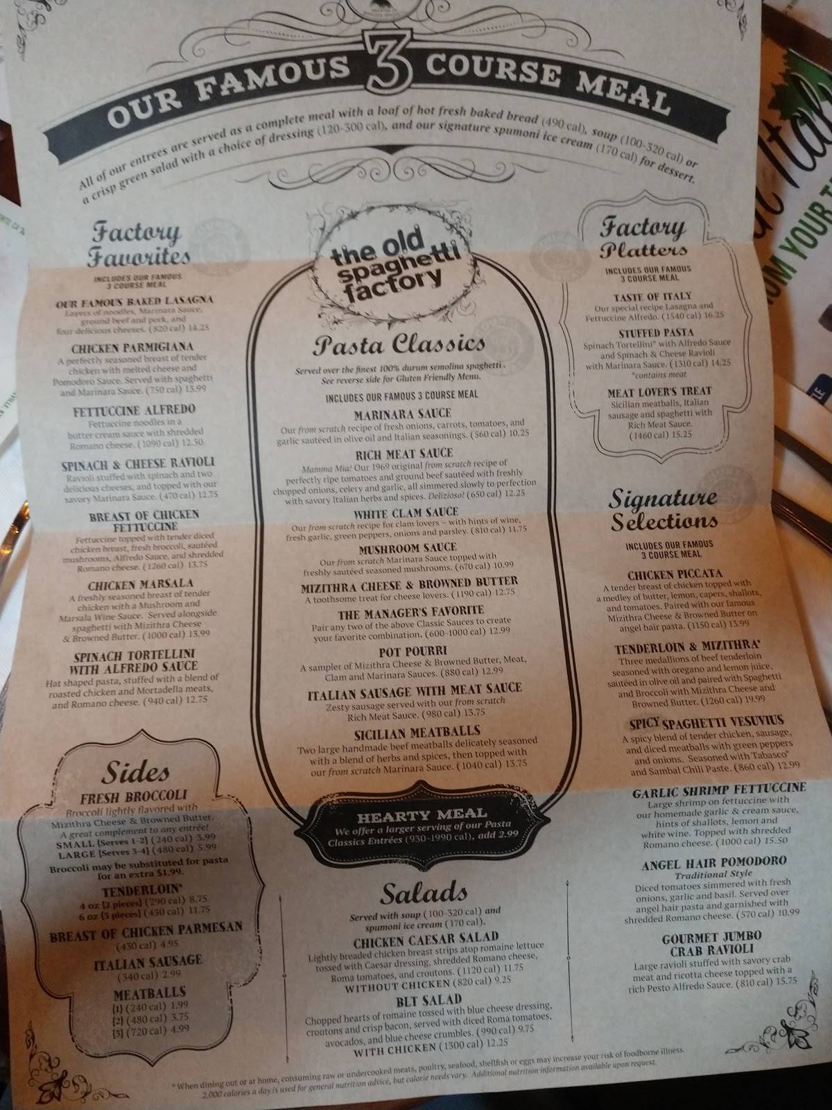 Menu at The Old Spaghetti Factory restaurant, Fairfield