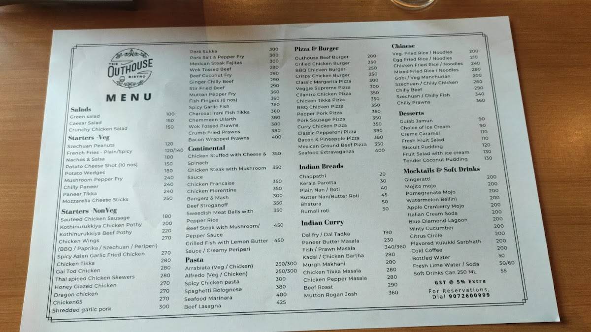 Menu at The Outhouse Bistro (Hotel Aida), Kottayam