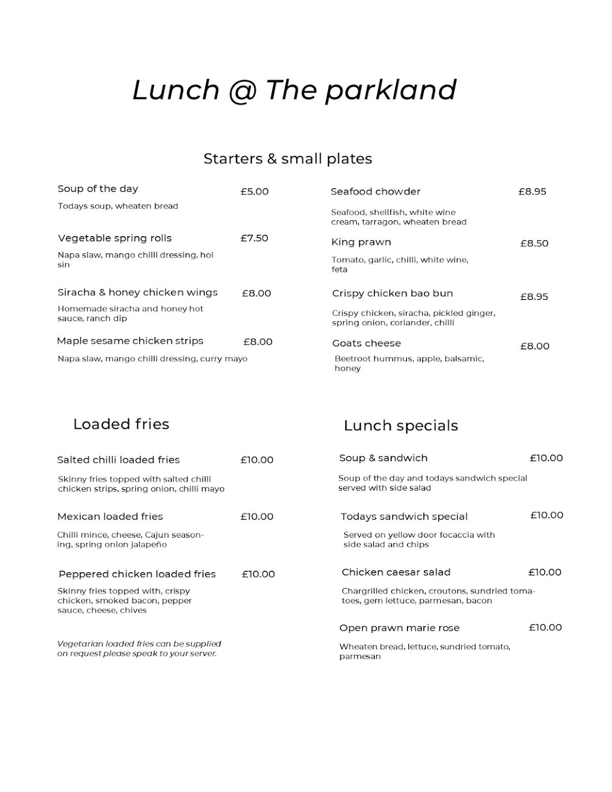 Menu at The Parkland Armagh restaurant, Armagh