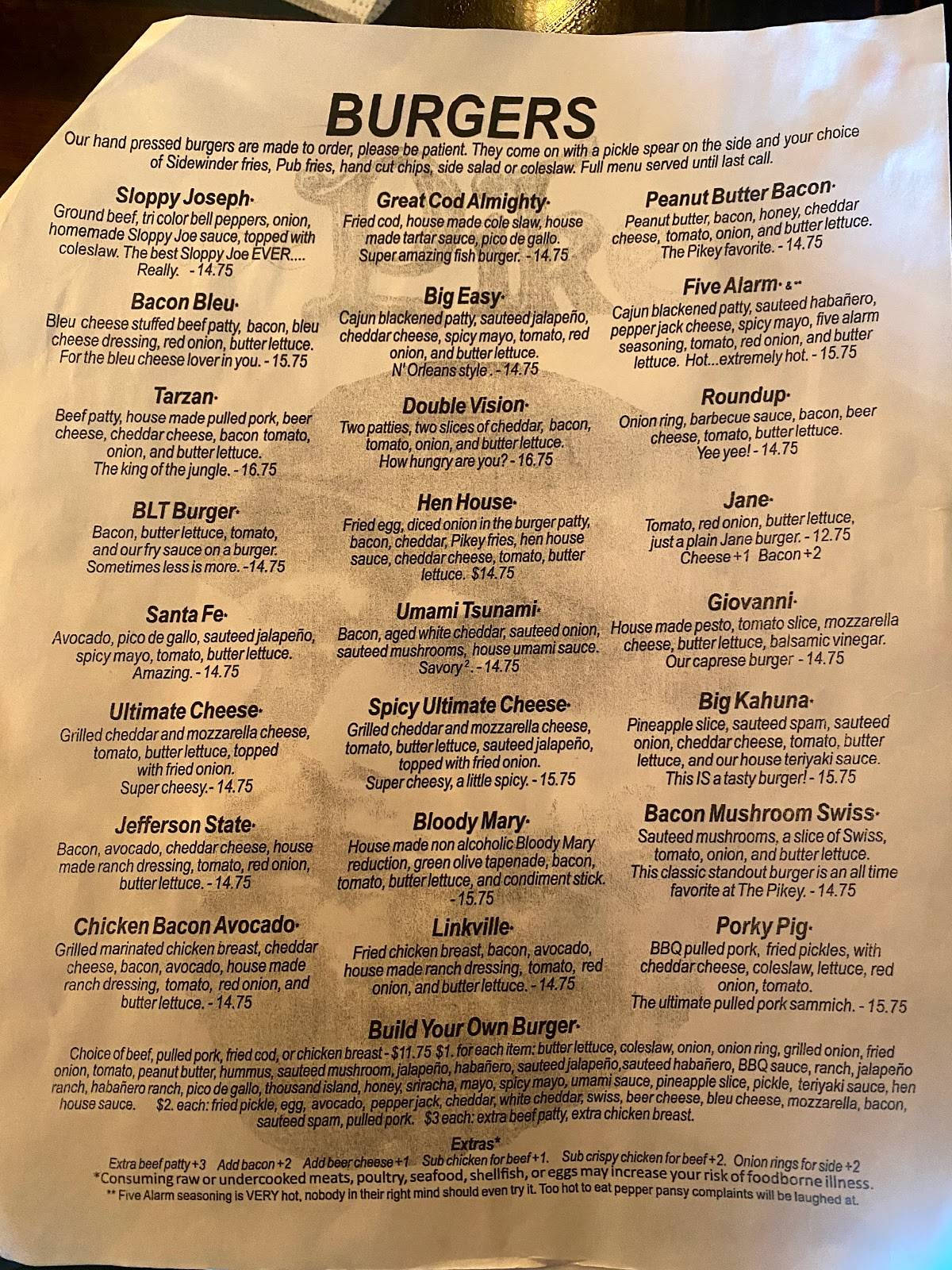 Menu at The Pikey pub & bar, Klamath Falls