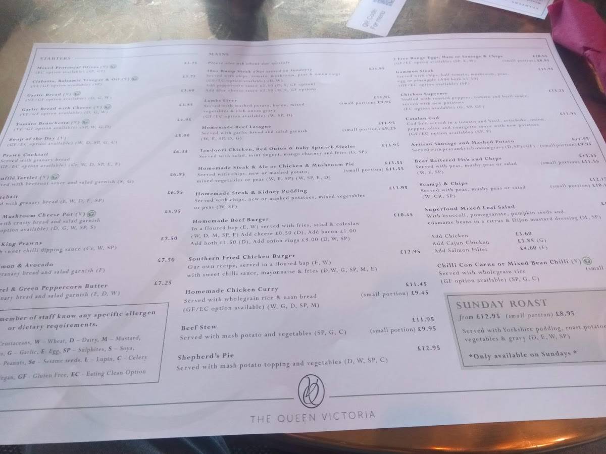 Menu at The Queen Victoria Public House, Maldon, Spital Rd