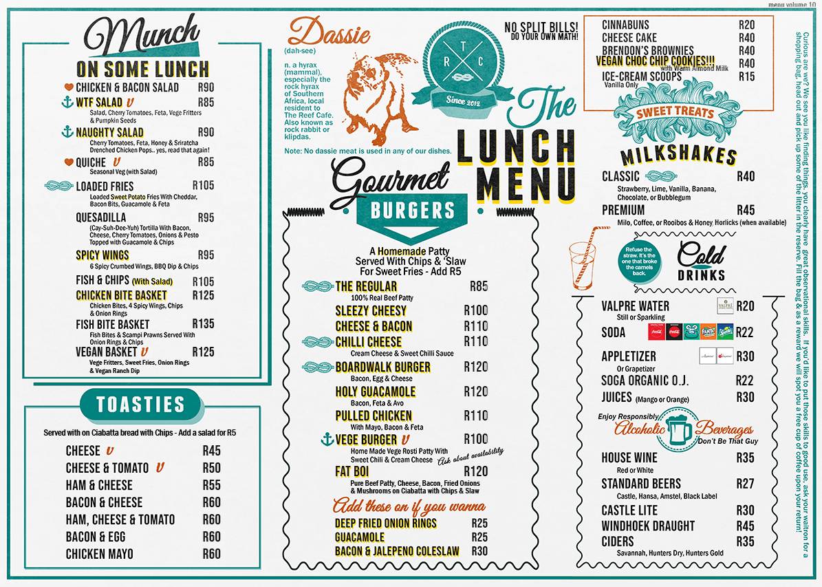 Menu at The Reef Café restaurant, East London, Nahoon Point Nature Reserve